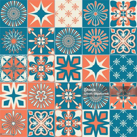 Ceramic Tile With Square Patterns Orange Blue Color Trendy Patchwork