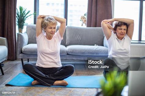 노트북을 사용하는 강사와 함께 집에서 요가를 연습하는 두 명의 활동적인 선임 여성 2명에 대한 스톡 사진 및 기타 이미지 2명 65 69세 가정 생활 Istock