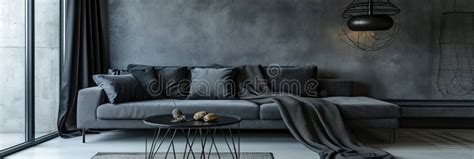 Grey Couch With Blanket Simple Interior With Bright Grey Couch Stock
