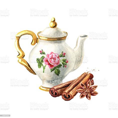 계피와 아니스 스타와 주전자 흰색 배경에 고립 된 손으로 그린 수채화 그림 인삼에 대한 스톡 벡터 아트 및 기타 이미지 인삼