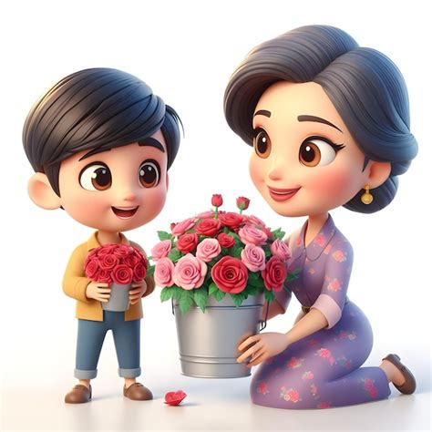 Premium Photo 3d Cartoon Mother And Son Hugging Each Others In