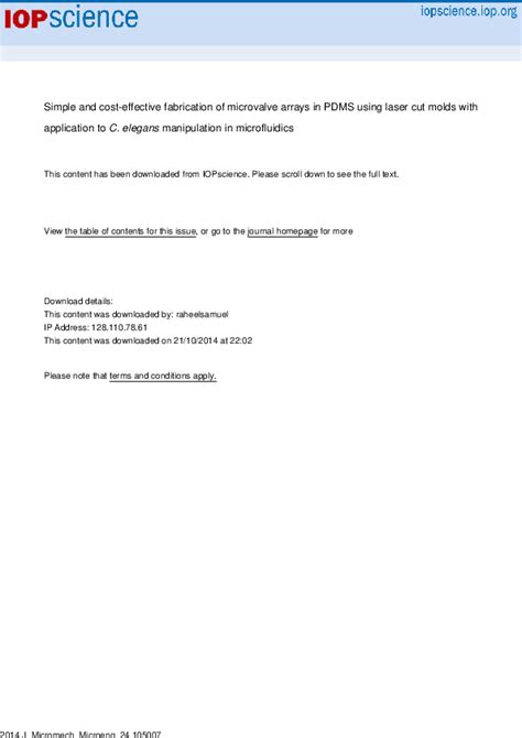 Pdf Simple And Cost Effective Fabrication Of Microvalve Arrays In Pdms Using Laser Cut Molds