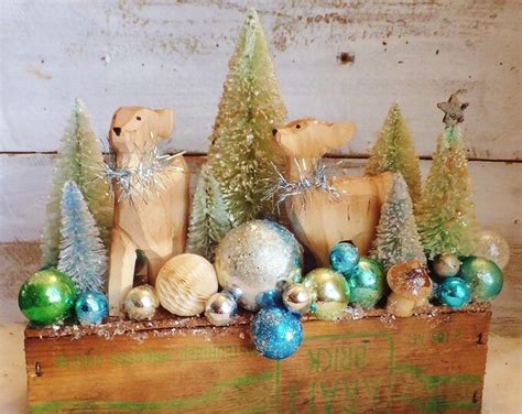 Vintage Christmas Box Winter Assemblage With Vintage Ornaments ~ Handcrafted T Decoration