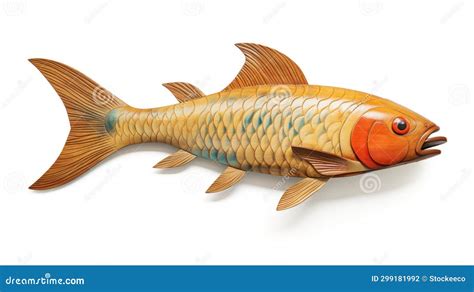 Wooden Fish Displayed On White Surface Golden Age Illustration With