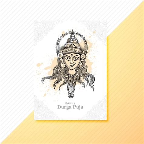 손으로 그리는 행복 Durga Puja 축제 인도 휴일 스케치 브로셔 템플릿 디자인 무료 벡터