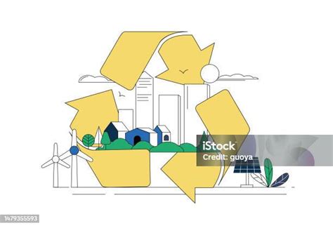 태양광 패널 풍력 터빈 도시 재활용 화살표 기호 환경 보호 개념 그림입니다 순환 경제에 대한 스톡 벡터 아트 및 기타 이미지 순환 경제 지속 가능한 자원 태양전지판