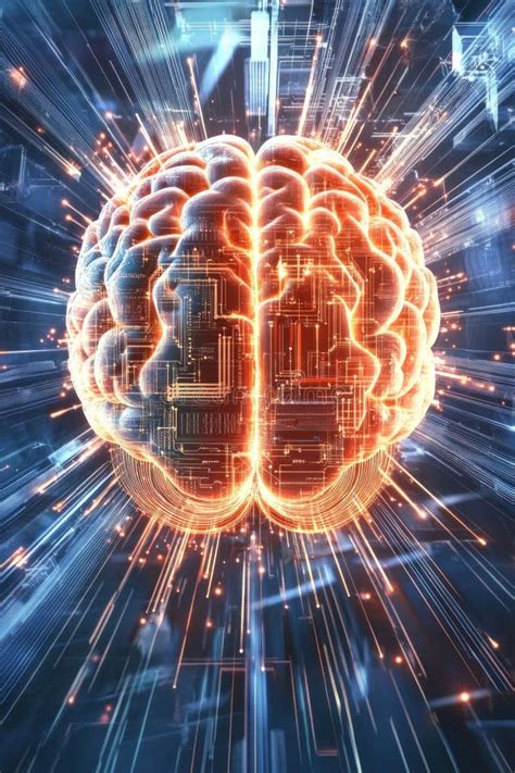 glowing human brain processing data with futuristic circuitry stock image image of design
