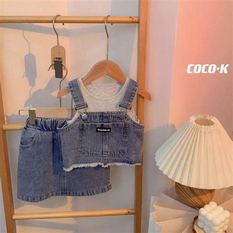 비니비니 해외배송여아 쓰리피스 데님 멜빵 미니스커트 키즈 청치마 아동 상하복 세트