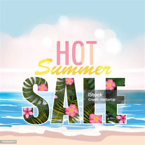판매 여름 배너 포스터와 팜 잎 정글 리프와 열 대 꽃 바다 열 대 여름 배경입니다 벡터 일러스트 레이 션 Eps10 0명에
