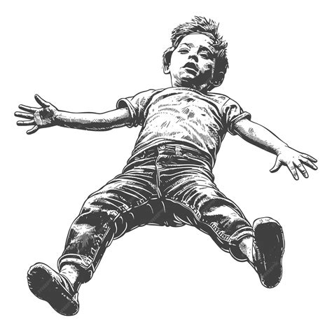 Falling Little Boy Falling From A Great Height With Engraving Style