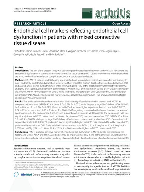 Pdf Endothelial Cell Markers Reflecting Endothelial Cell Dysfunction