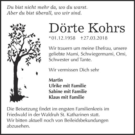 Traueranzeigen Von Dörte Kohrs Abschied Nehmen De