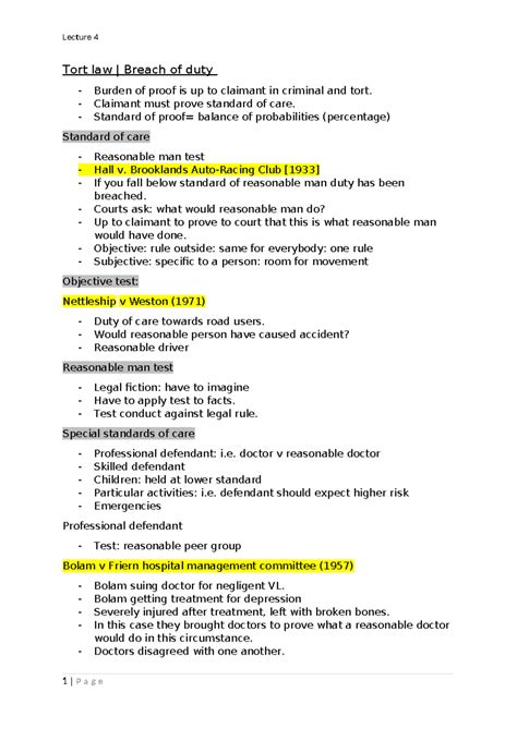 Breach Of Duty In Tort Lecture 4 Tort Law Breach Of Duty Burden