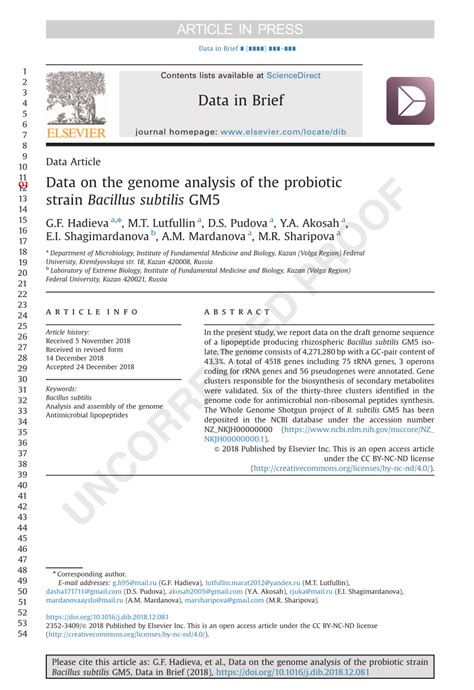 Pdf Data On The Genome Analysis Of The Probiotic Strain Bacillus Subtilis Gm5