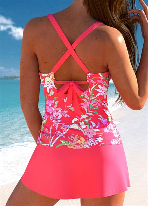 Criss Cross Floral Print Coral Tankini Set Modlily USD 37 98