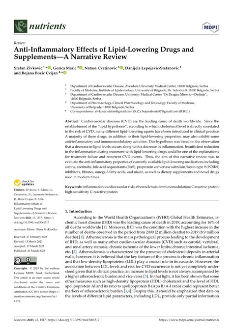 Pdf Anti Inflammatory Effects Of Lipid Lowering Drugs And Supplements