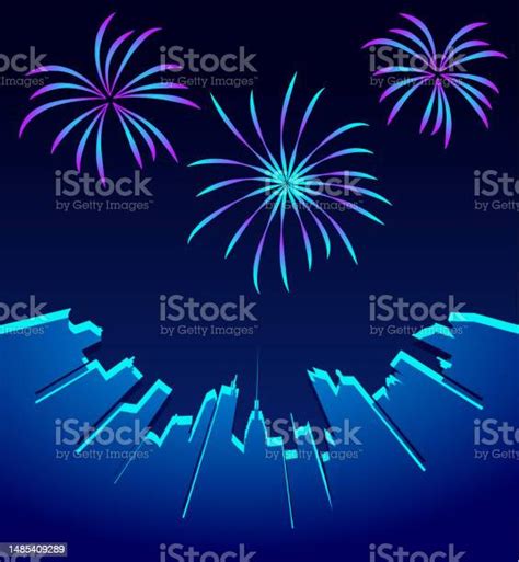축제 불꽃놀이가 있는 도시 스카이라인 도시 위로 빛나는 빛 벡터 휴일 도시 풍경 배경 Pyrotechnic Effects에 대한
