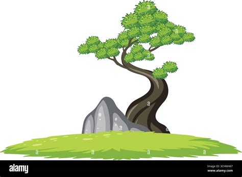 Vector Illustration Of A Stylized Bonsai Tree With Twisted Trunk Rocks
