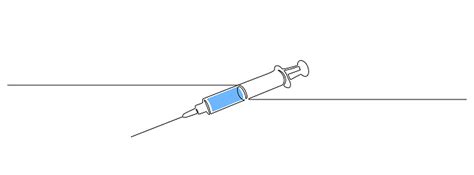 약 주사기의 연속 선 그리기 1 개 제약 성분 및 백신 기호는 간단한 선형 스타일입니다 편집 가능한 획 낙서 개요 벡터 일러스트