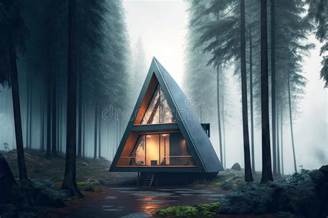 Modern Conceptual Triangular Cottage In Forest In Fog Of Tiny House