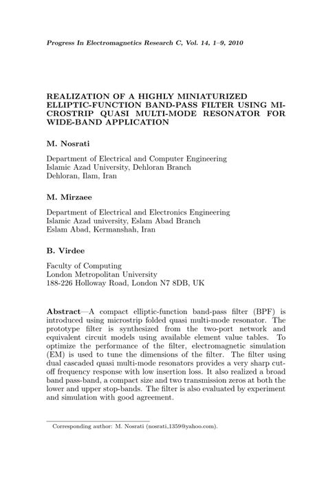 Pdf Realization Of A Highly Miniaturized Elliptic Function Band Pass Filter Using Microstrip