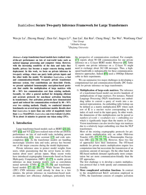 Bumblebee Secure Two Party Inference Framework For Large Transformers Pdf Statistical