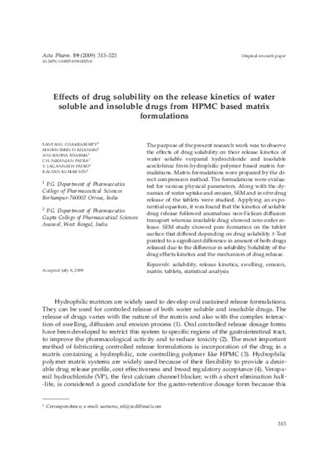 Pdf Drug Solubility Effects On Release Kinetics