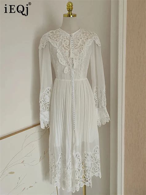 Ieqj Solid Tassel Lace Up Embroidered Spliced Dresses For Women Round