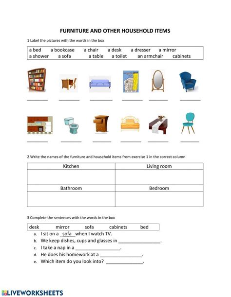 Vocabulary Furniture Household Items Worksheet Worksheets Library