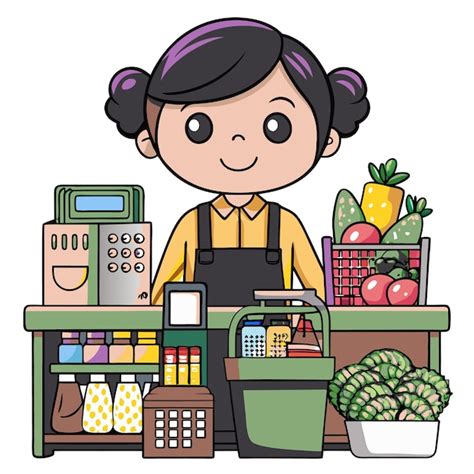 A Girl At A Grocery Store Counter With Various Fruits And Products