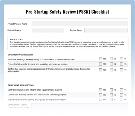 Pre Startup Safety Review Pssr Checklist Download Free Pdf