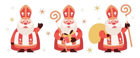 Set Van Schattige Sinterklaas Of Sinterklaas Met Zak Met Geschenken