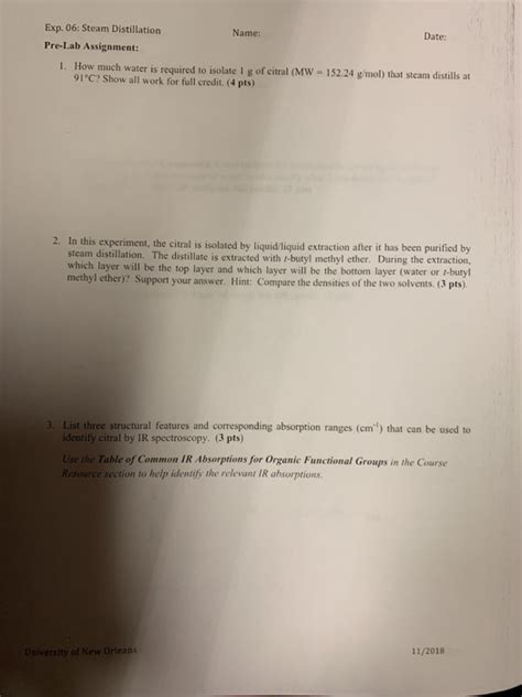 Solved Exp 06 Steam Distillation Pre Lab Assignment Name