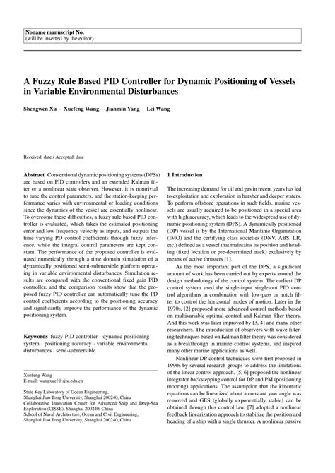 Pdf A Fuzzy Rule Based Pid Controller For Dynamic Positioning Of Vessels In Variable