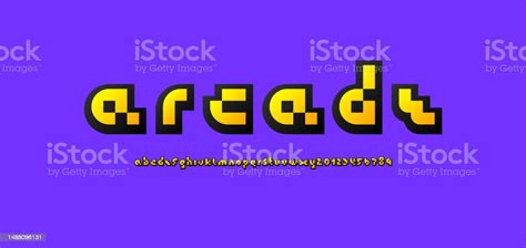 픽셀 글꼴 트렌디한 알파벳 또는 서체 아케이드 스타일로 만든 굵은 밝은 글자 및 숫자 세트 벡터 일러스트레이션 10eps 3차원 형태에 대한 스톡 벡터 아트 및 기타 이미지