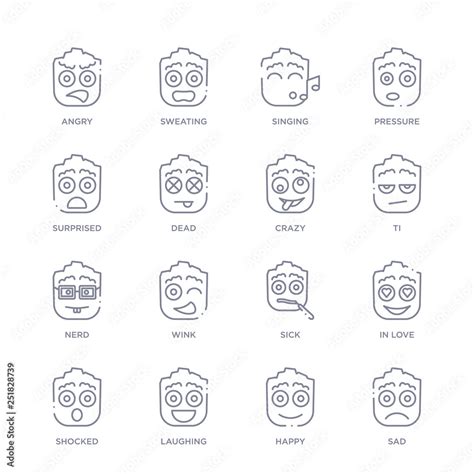 set of 16 thin linear icons such as sad happy laughing shocked in
