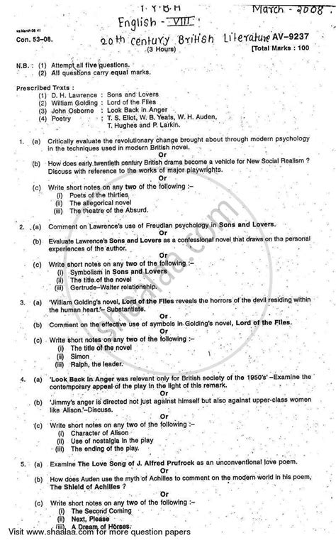 20th Century British Literature 2007 2008 Ba English Semester 6 Tyba