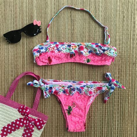 BiquÍni Infantil Renda Detalhe Floral Rosa Dondoca Moda Feminina