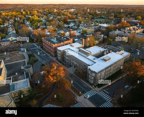 A Drone View Of Golden Sunrise Over Princeton New Jersey Cityscape