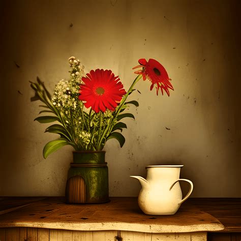 Flower Art On Rustic Country Kitchen Counter · Creative Fabrica