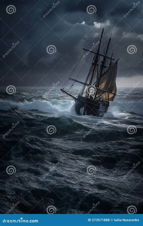Large Sailing Ship In A Stormy Sea Ai Generated Stock Illustration