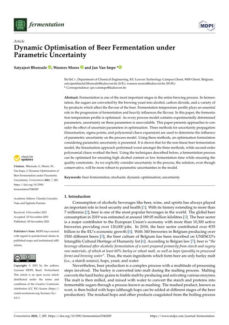 Pdf Dynamic Optimisation Of Beer Fermentation Under Parametric