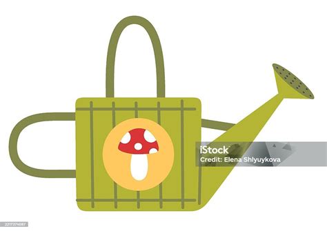 버섯 엠블럼과 그리드 패턴이 있는 귀여운 녹색 물뿌리개 정원 및 원예 액세서리 트렌디 한 현대 벡터 일러스트 레이 션은 흰색 배경 손으로 그린 평면 디자인에 고립 되어