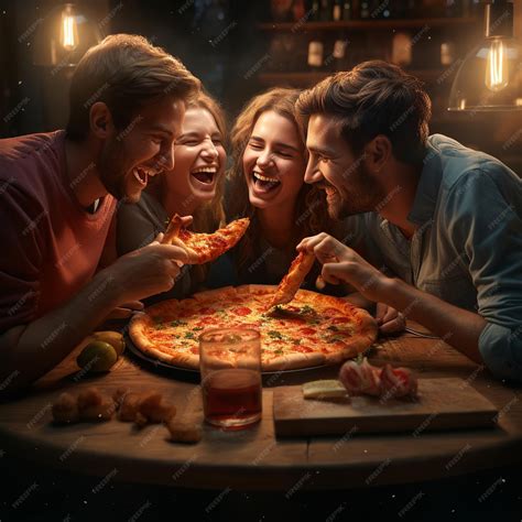 Illustration Of 3 People Sitting Together Eating Delicious Pizza