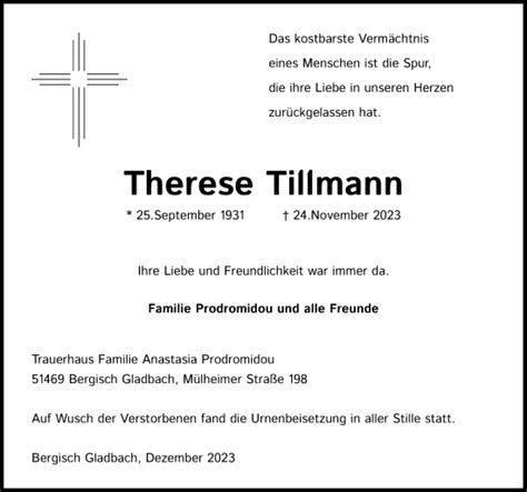 Traueranzeigen Von Therese Tillmann Wirtrauern