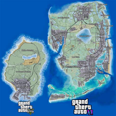 Gta 6 Vi Vice City Vs Gta V 5 Size Comparison Map Poster Etsy