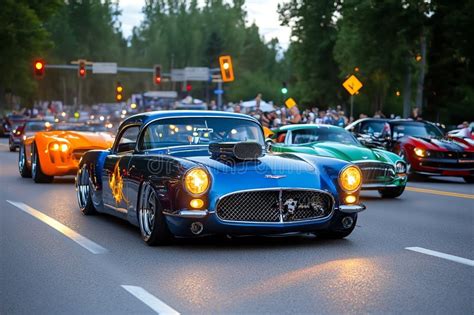 A Blue Classic Car Leads A Parade Of Vintage Automobiles Down A City