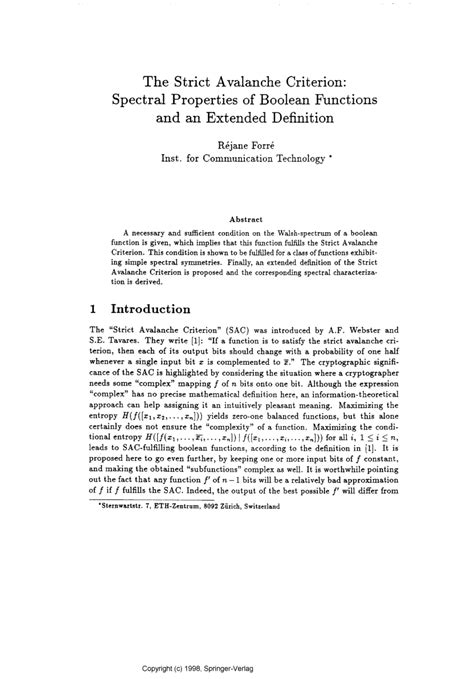 Pdf The Strict Avalanche Criterion Spectral Properties Of Boolean Functions And An Extended