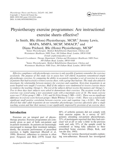 PDF Physiotherapy Exercise Programmes Are Instructional Exercise Sheets Effective