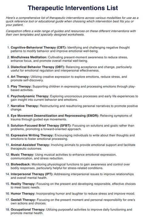 Therapeutic Interventions list & Example | Free PDF Download